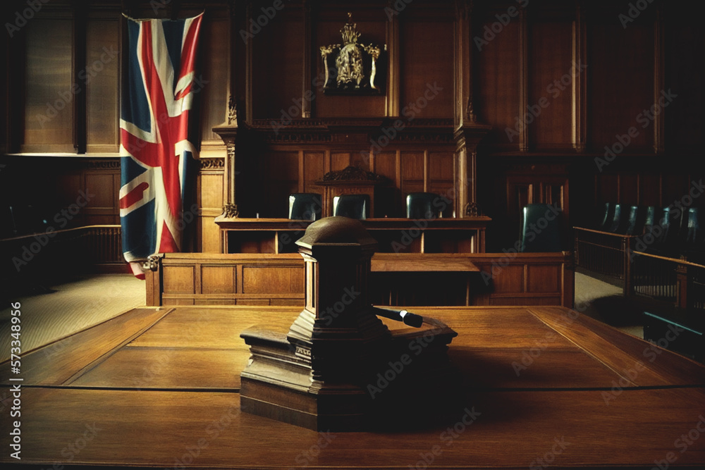 Courtroom England, UK. British flag, Supreme Court of United Kingdom. Scales of Themis ...