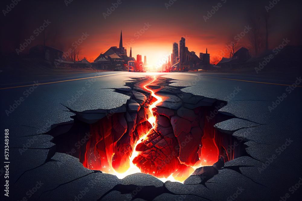 Earthquake in city. Quakes damage road. Buildings Destruction during ...