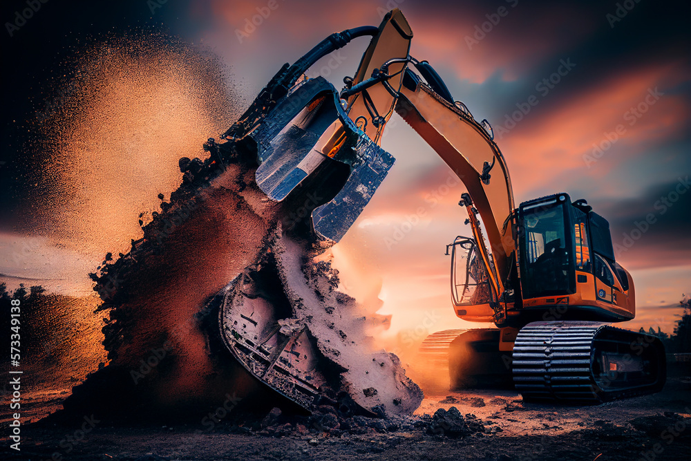 Building demolition work. Excavator on construction site. Futuristic ...