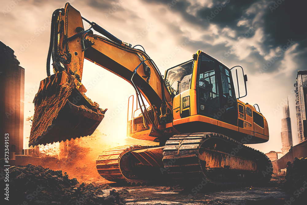 Building demolition work. Excavator on construction site. Futuristic ...