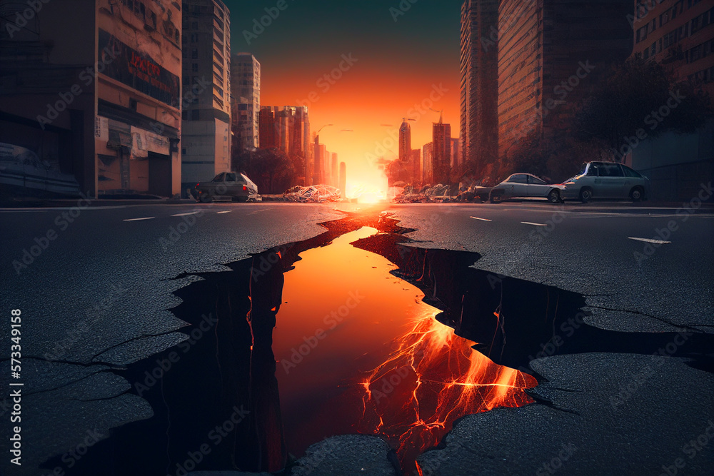 Earthquake in city. Quakes damage road. Buildings Destruction during ...