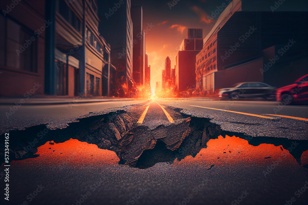 Earthquake in city. Quakes damage road. Buildings Destruction during ...