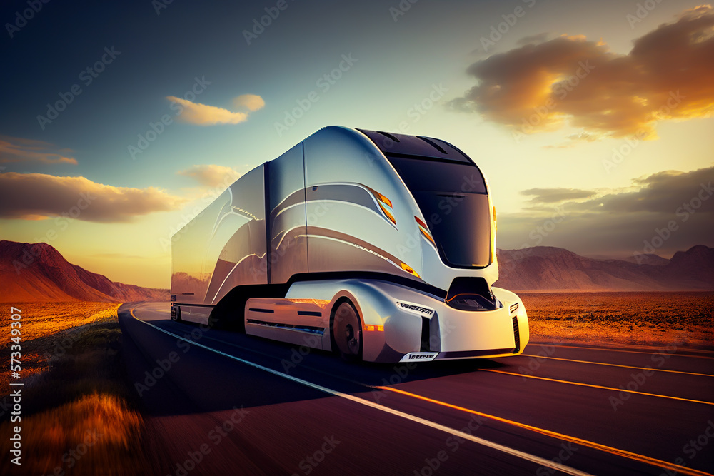 Electric semi truck. EV Truck with Semi-trailer on highway. EV Semi ...