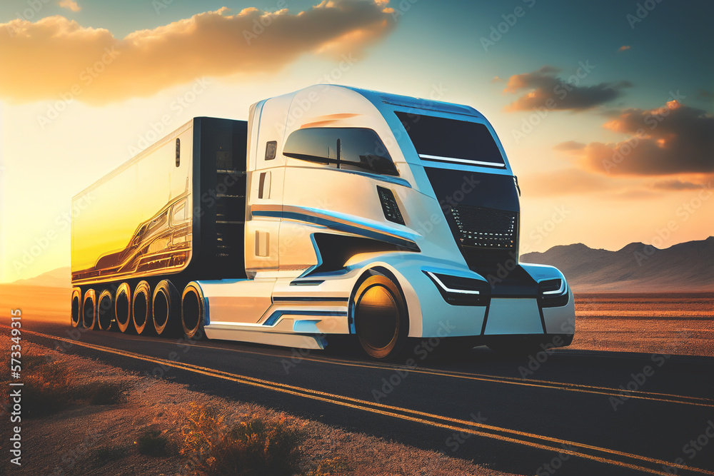 Electric semi truck. EV Truck with Semi-trailer on highway. EV Semi ...
