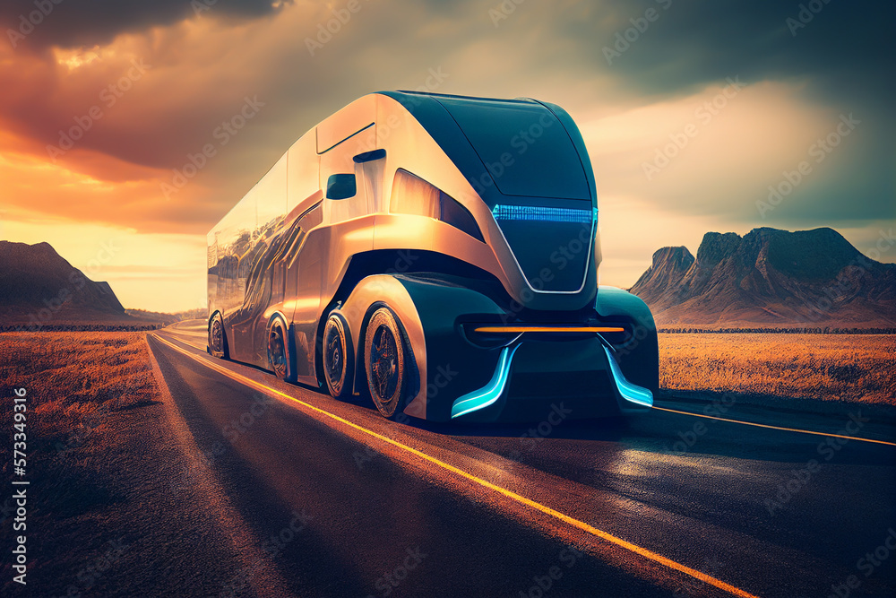 Electric semi truck. EV Truck with Semi-trailer on highway. EV Semi ...