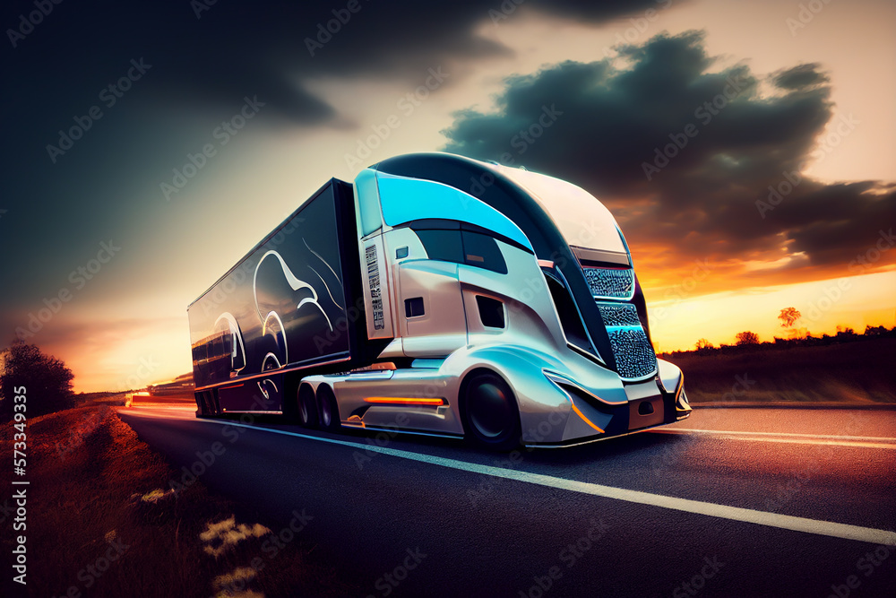 Electric semi truck. EV Truck with Semi-trailer on highway. EV Semi ...