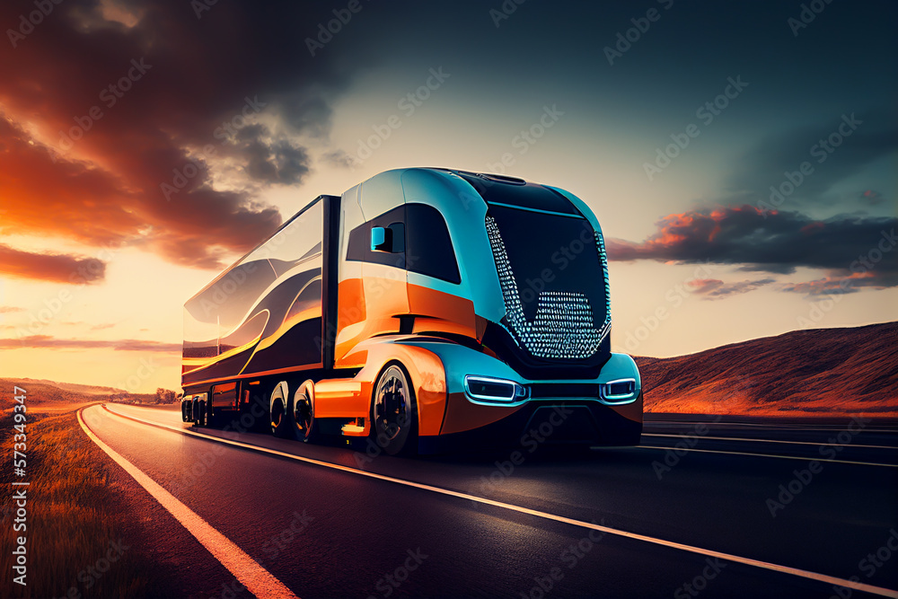 Electric semi truck. EV Truck with Semi-trailer on highway. EV Semi ...