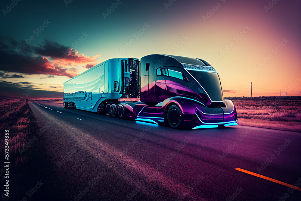 Electric semi truck. EV Truck with Semi-trailer on highway. EV Semi ...
