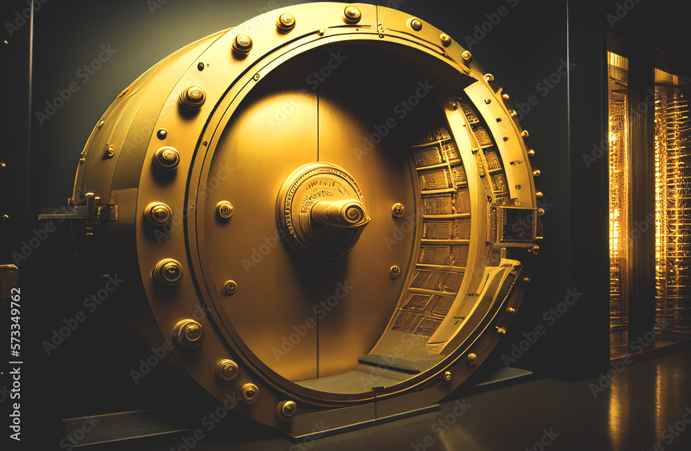 Store Gold, inside in Gold vault with money. Bank vault door, dollar ...