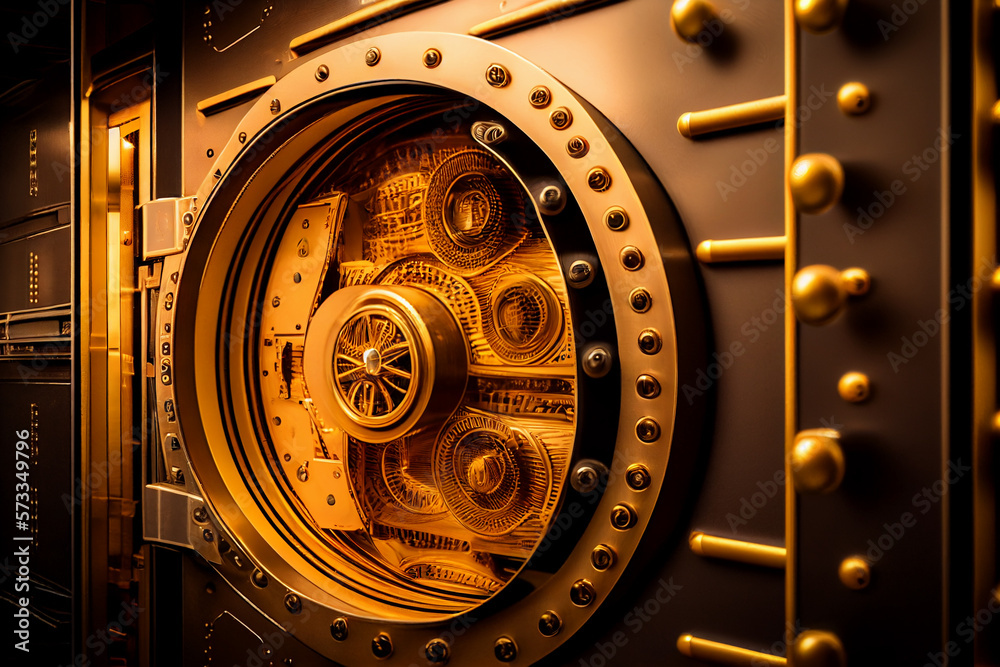 Store Gold, inside in Gold vault with money. Bank vault door, dollar ...