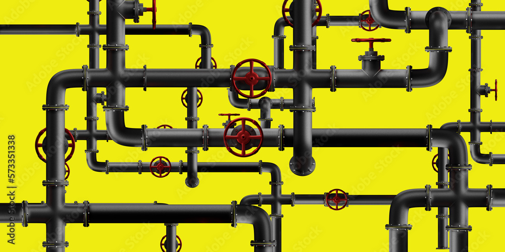 Pipe plumbing. Steel pipeline isolated on yellow. Pipes plumbing with ...