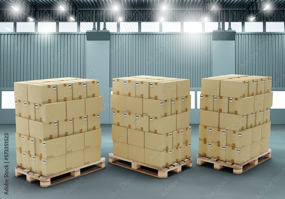Cardboard boxes on pallets. Parcels ready be sent to recipient. Box is ...
