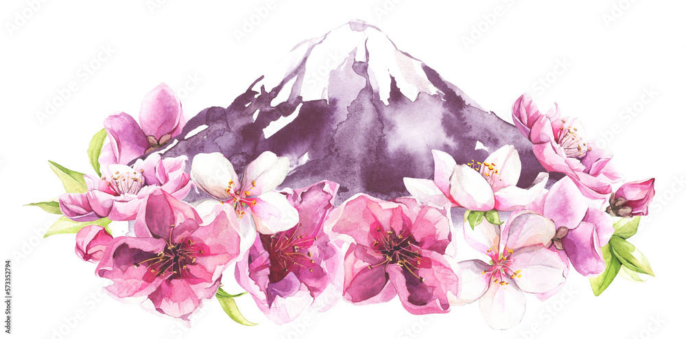 Mountain Fuji and bouquet with pink and white cherry blossoms ...