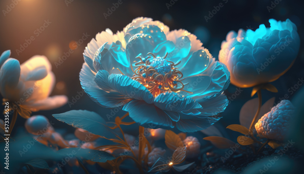Yndall light effects accentuate beautiful light blue peony flowers in a ...