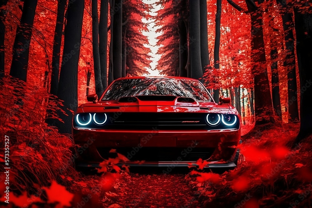 laser red dodge challenger in a Fall forest made by generative ai Stock ...