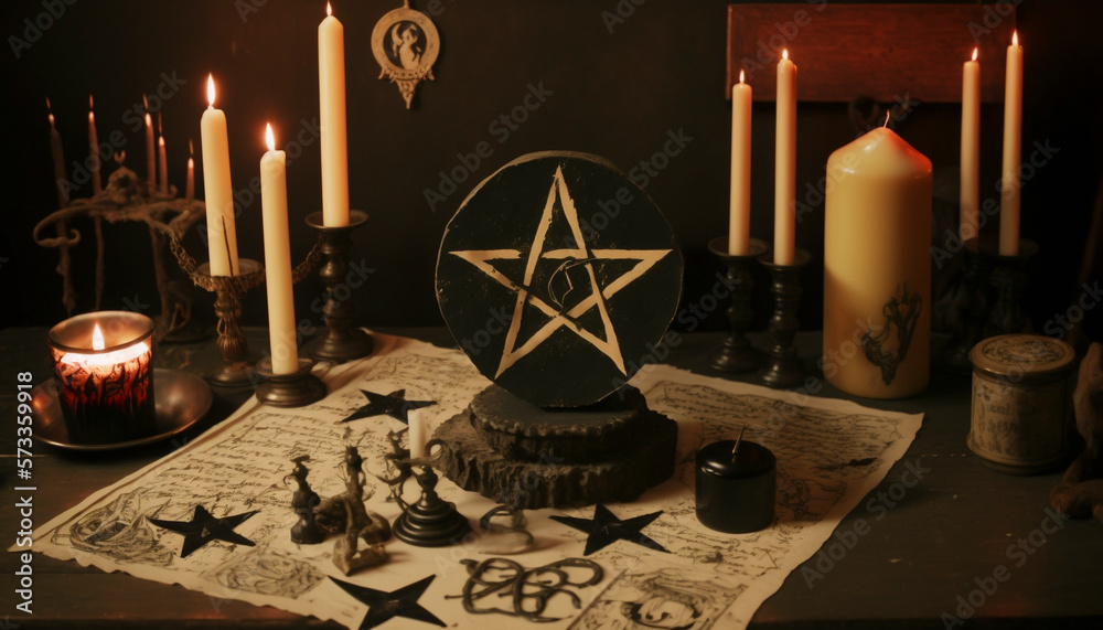 Wiccan altar with magical components, wicker pentacle and cauldron. ai ...