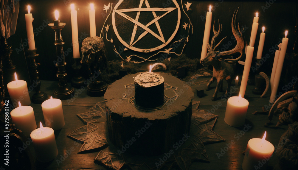 Occult grimoire, black magic book laying on table with occult symbols ...