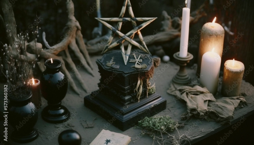 Wiccan altar with magical components, wicker pentacle and cauldron. ai ...