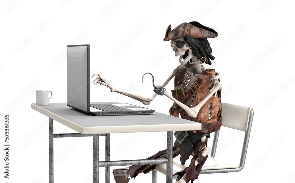 Foto de funny skeleton computer pirate downloads files on the internet ...
