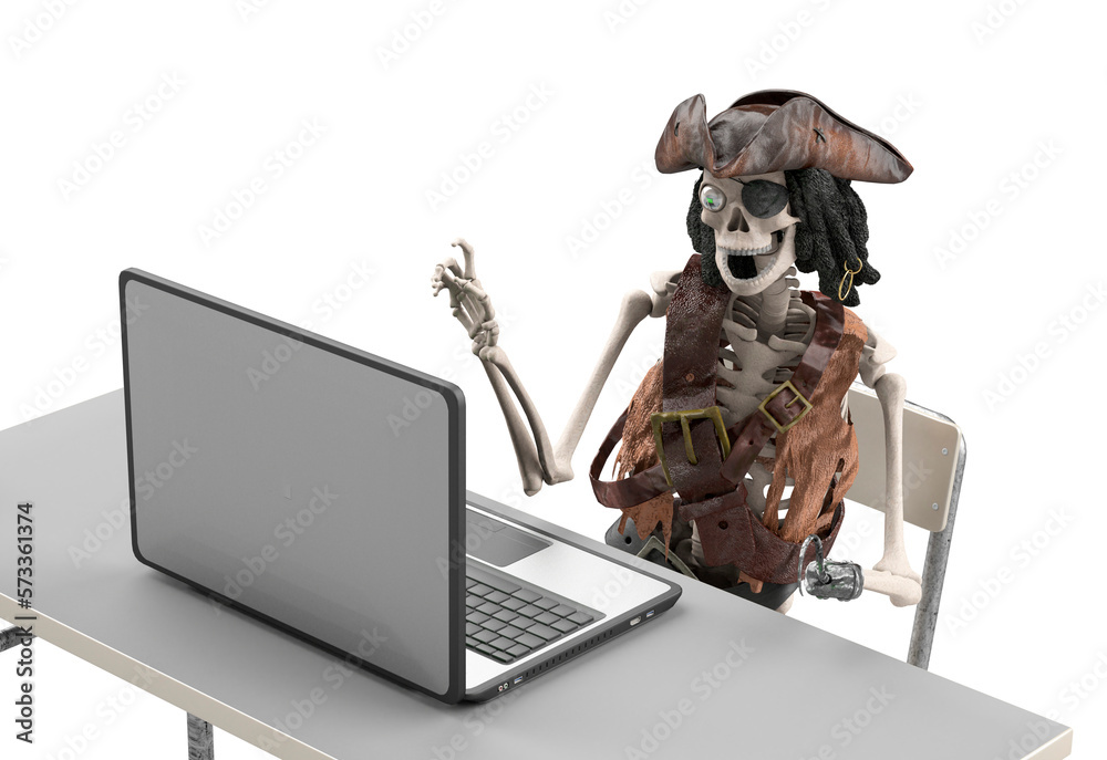 funny skeleton computer pirate downloads files on the internet as a ...