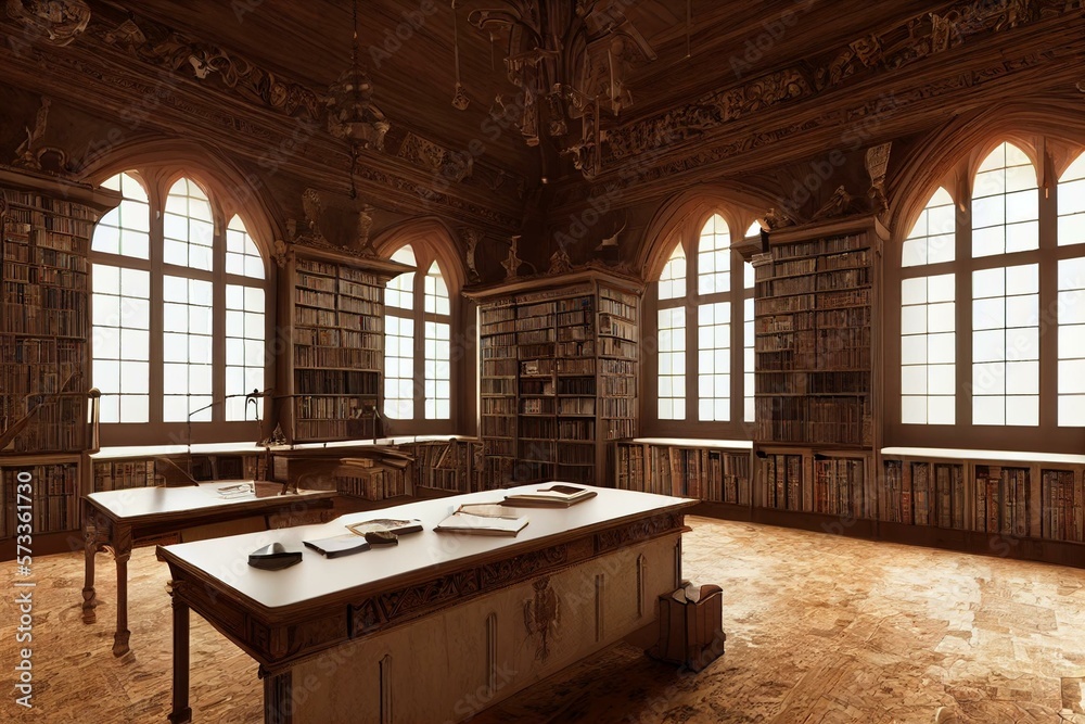 medieval library, gothic reading room interior with desks, old ...
