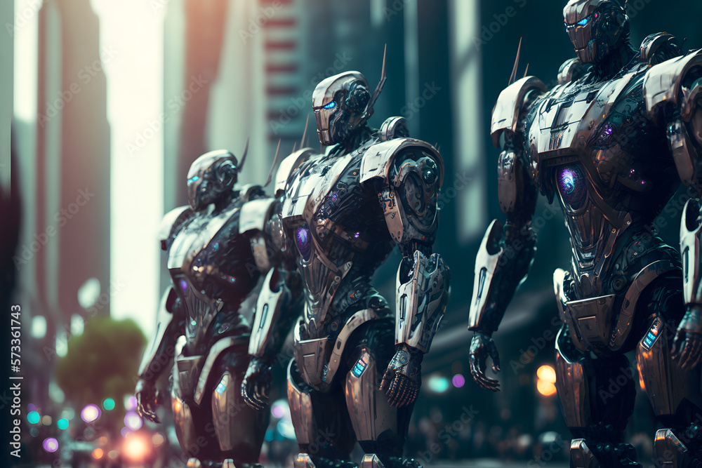 Many modern futuristic male humanoid robots with metal outfit. Neural ...