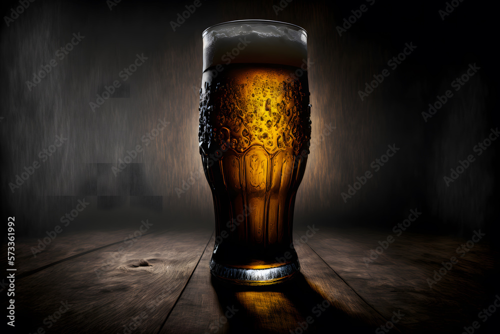 Beautiful beer with foam in classic beer glass in dark scene. Neural ...