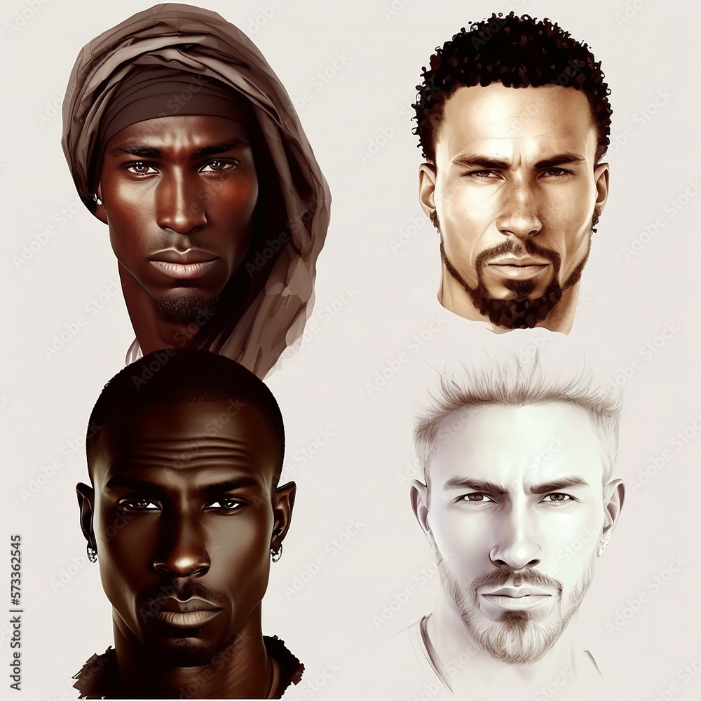 Four faces of young men of different nationalities on white background ...