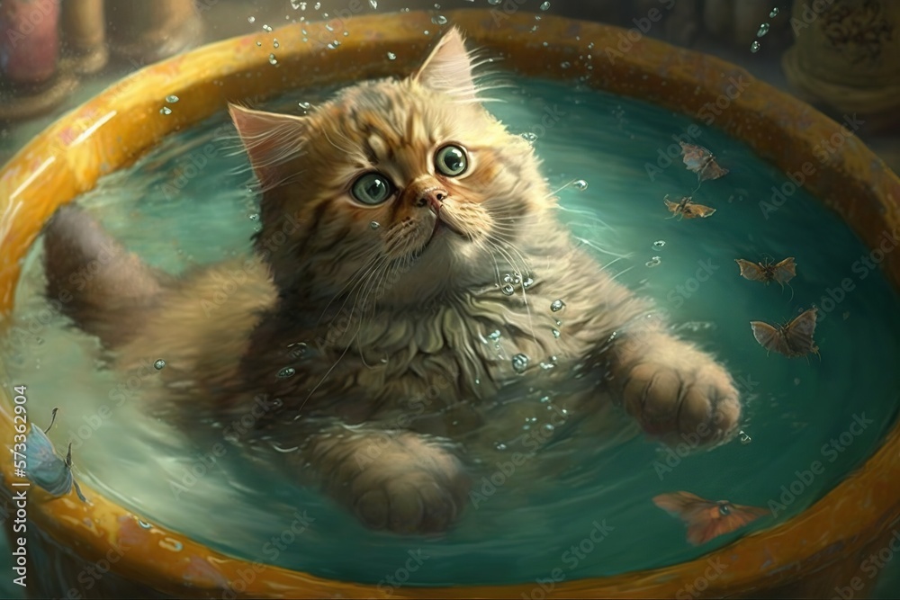 Cat playing in kiddie pool filled with water, concept of Feline Fun and ...