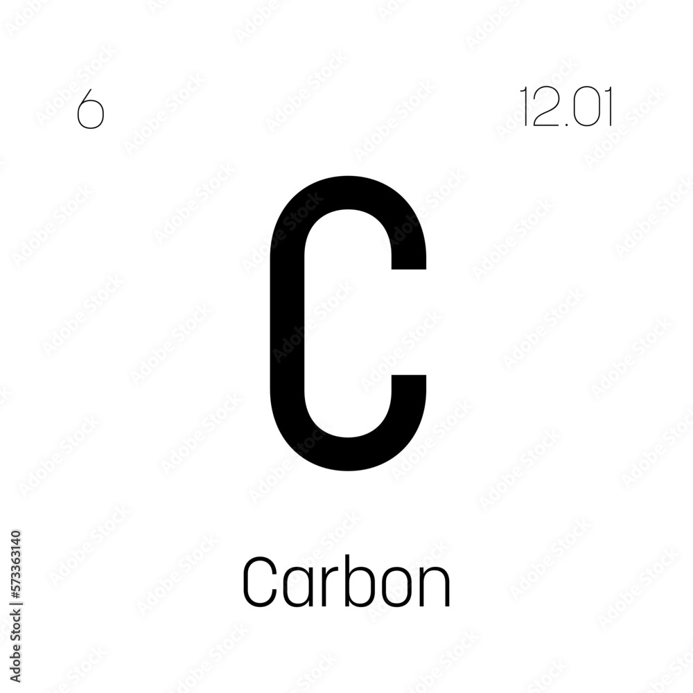 Carbon, C, periodic table element with name, symbol, atomic number and ...
