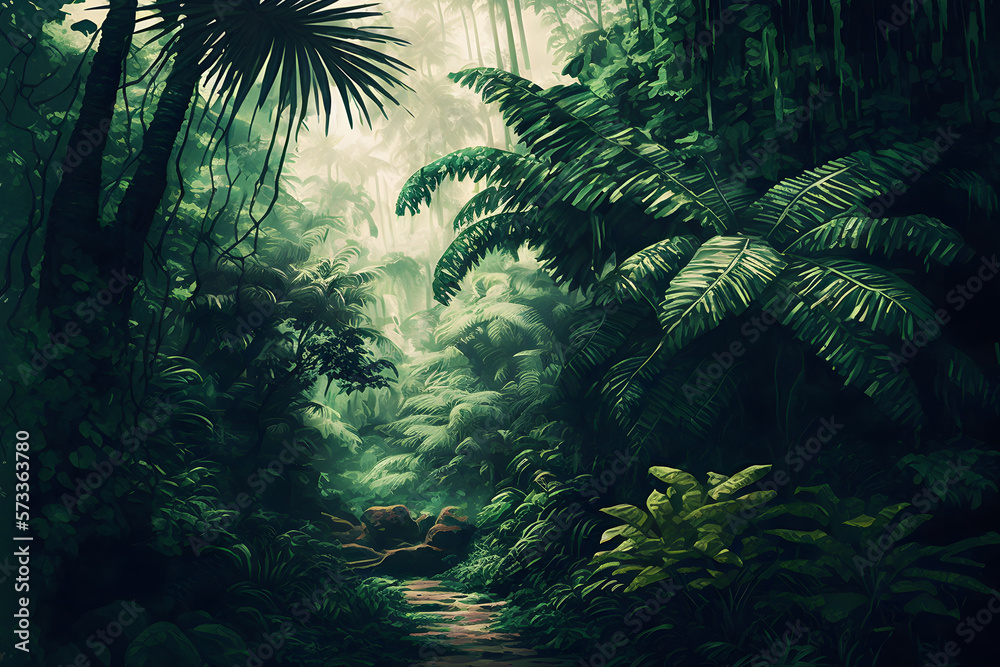Asian tropical jungle rainforest in daytime. Neural network AI ...