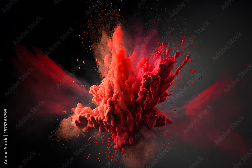 Explosion of red color paint powder on black background. Neural network ...