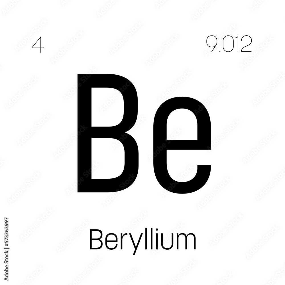 Beryllium, Be, periodic table element with name, symbol, atomic number ...