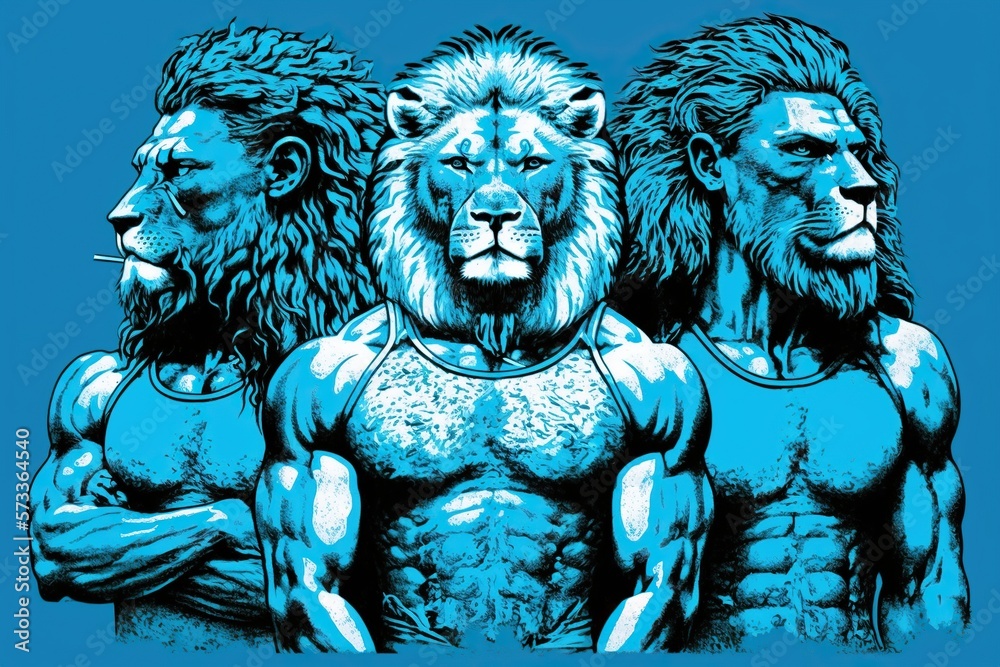 Lions in fitness wear blue background, concept of Athletic Pride and ...