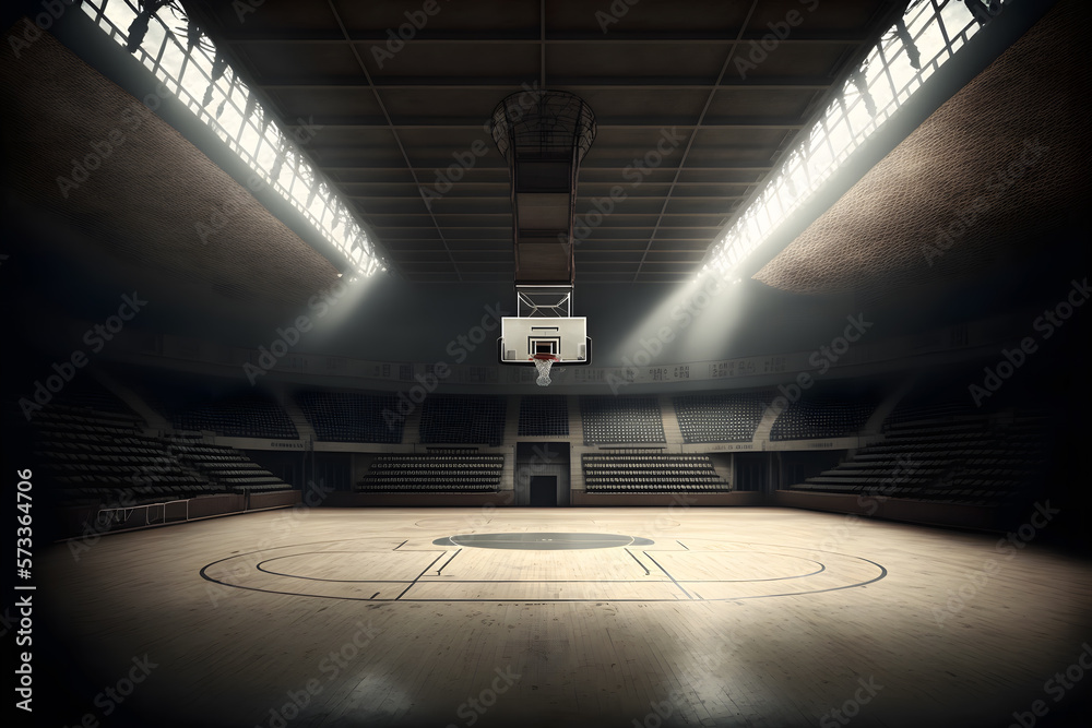 Interior view of an illuminated basketball stadium for a game. Neural ...