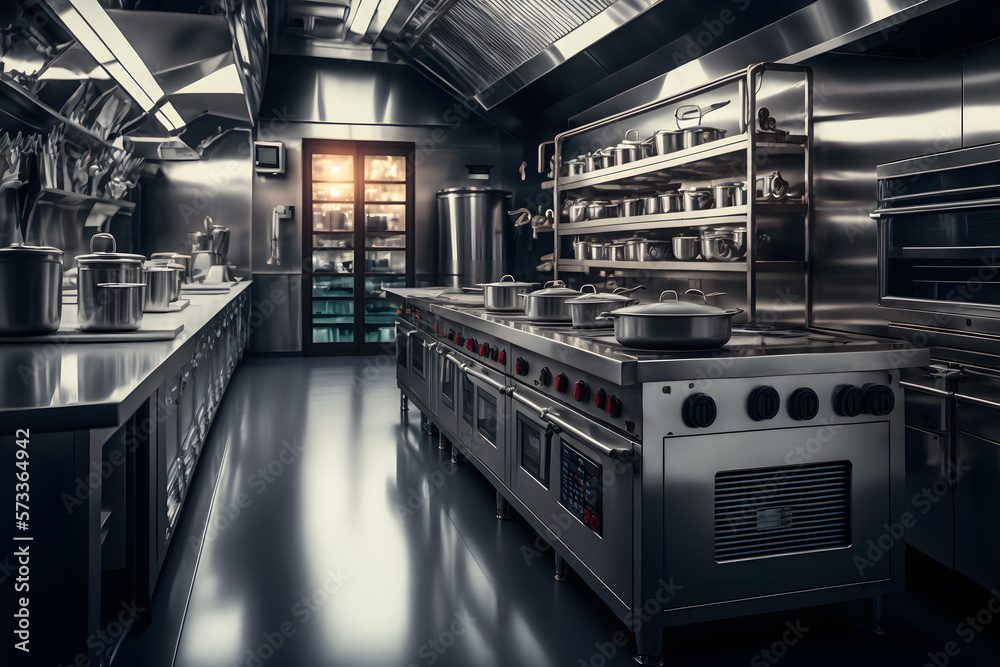 Professional restaurant kitchen interior with cooking supply and ...