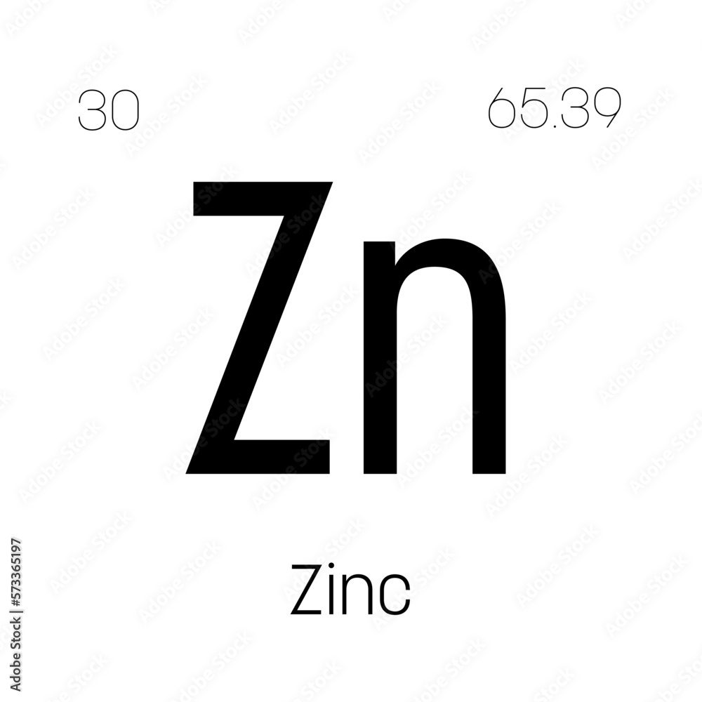 Zinc, Zn, periodic table element with name, symbol, atomic number and ...