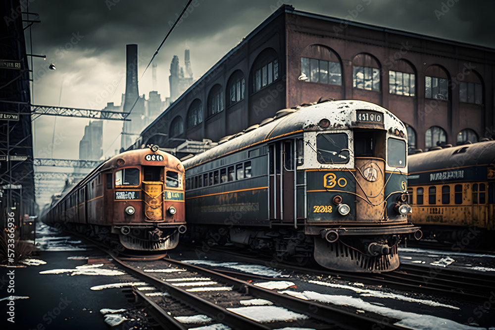NYC old outdated subway cars in a metro depot in daytime. Neural ...