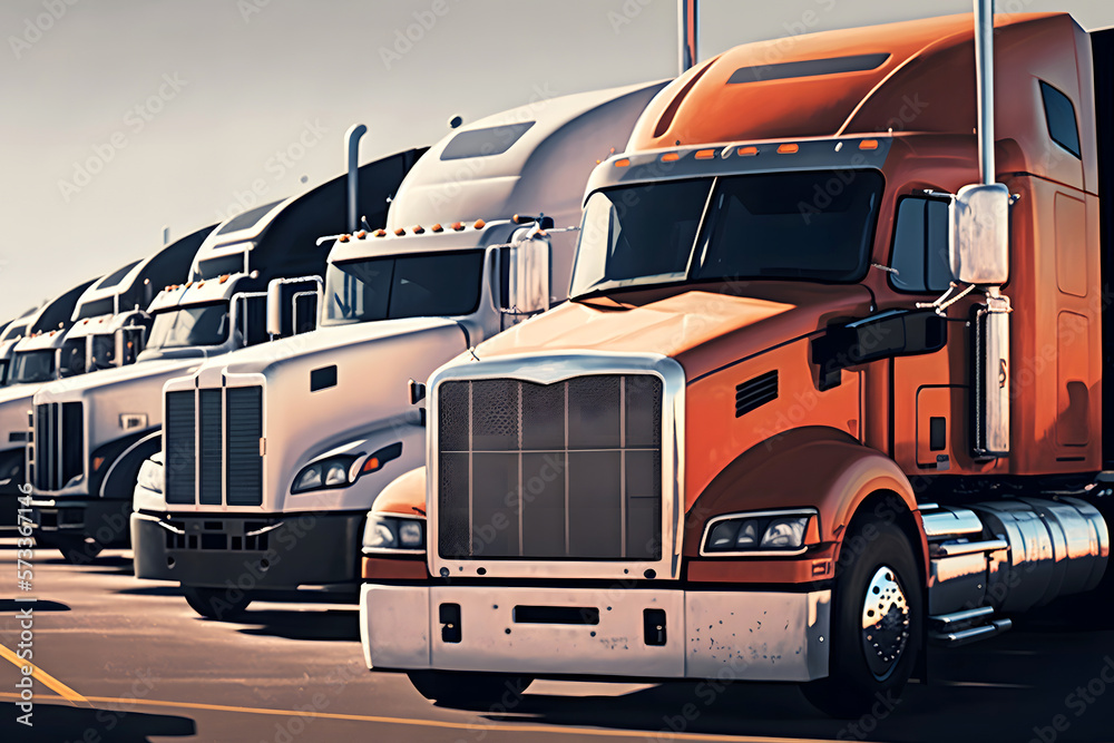 Semi Trailer Trucks on Parking lot. Delivery Trucks for Cargo Shipping ...