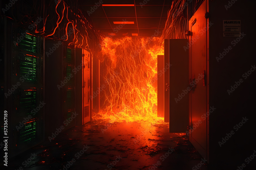 Disaster in server room or data center storage room on fire burning ...