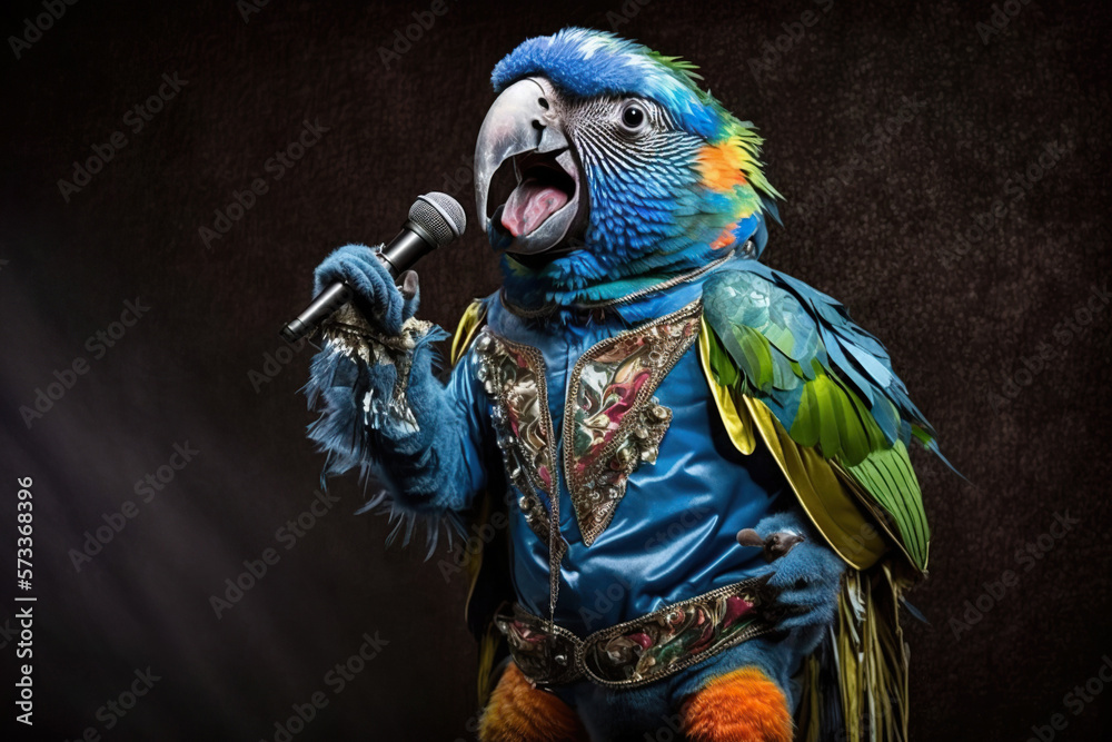 Parrot in a disco-themed costume singing along, concept of Dancing and ...