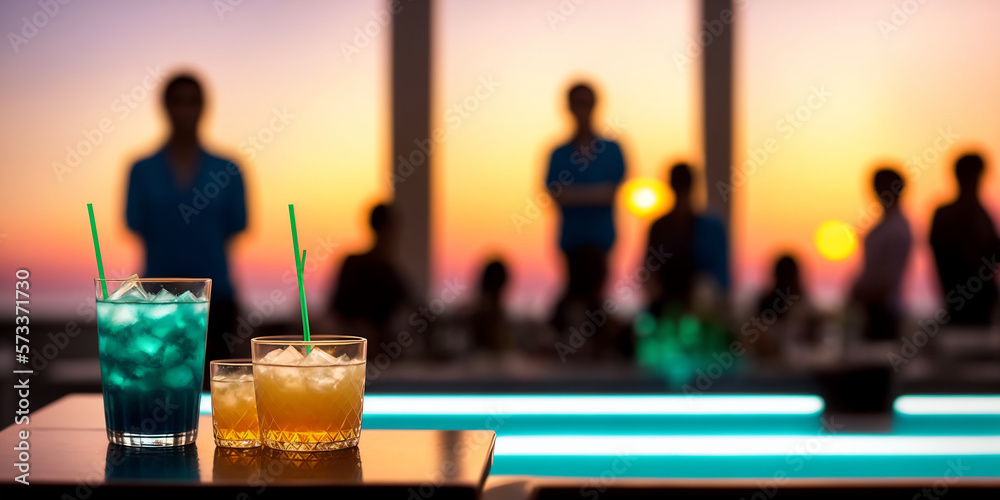 Crowded night beach party in a beach bar. Cocktails at bar counter at ...