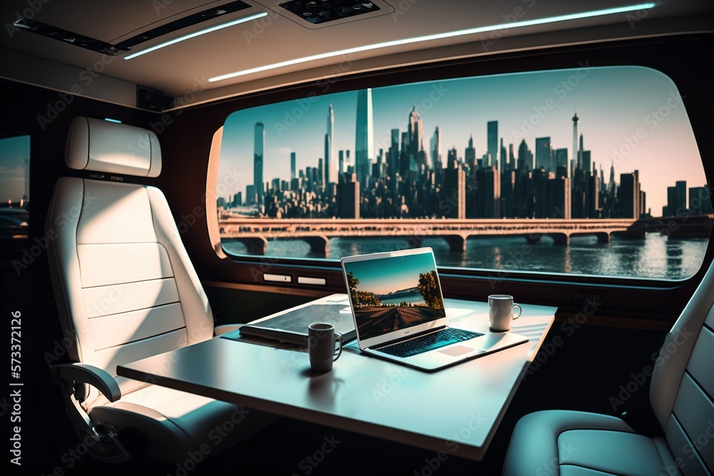 A modern and beautiful train cabin interior with white seats, a table ...
