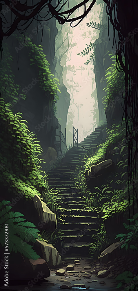Lush green forest stairway digital art, staircase in nature ...