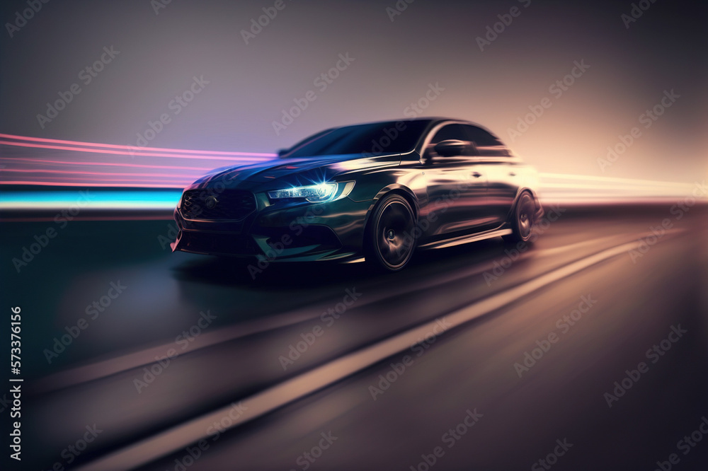 Sports car driving at fast speed on city road with motion blur effect ...