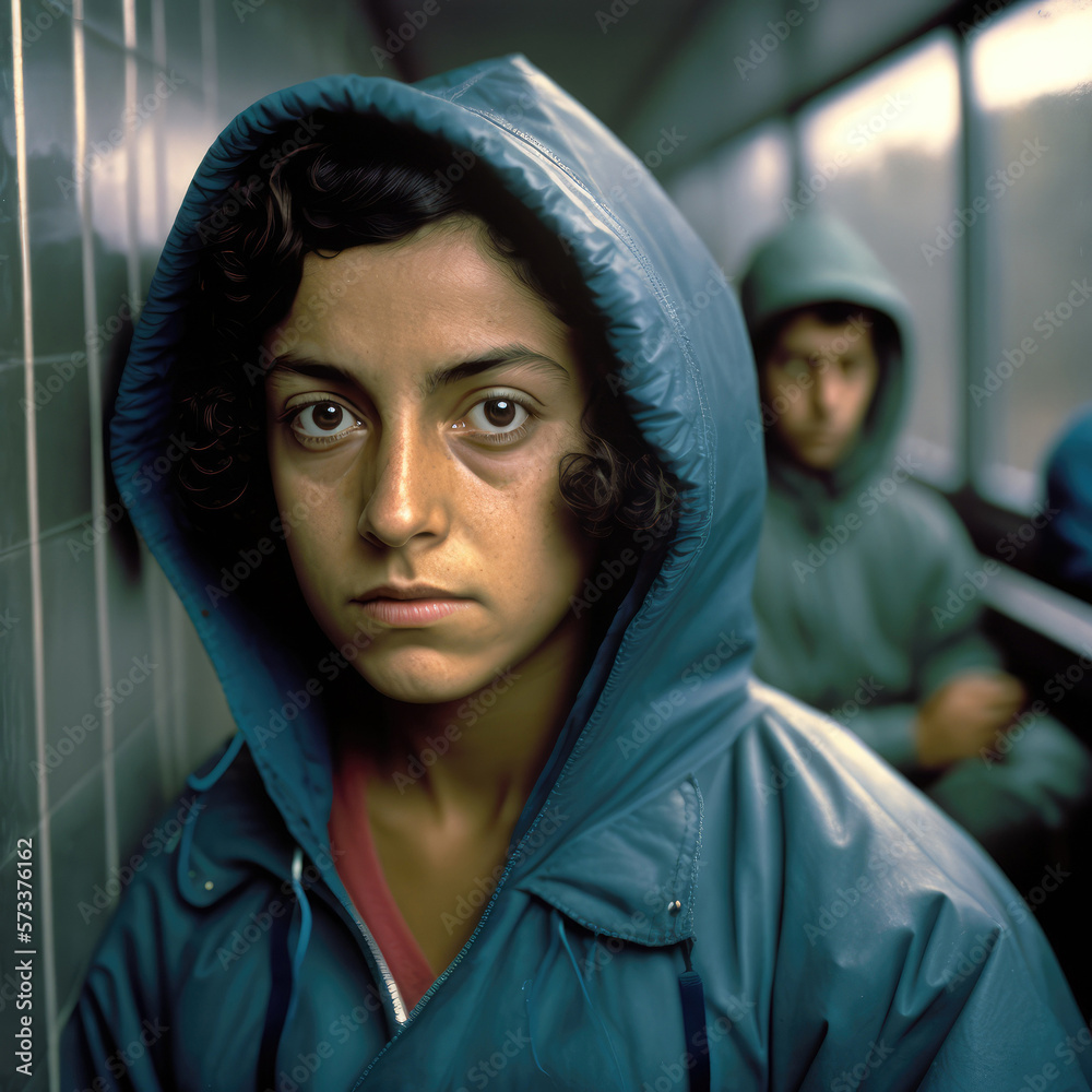 Homeless woman at a railroad station - Generative AI Stock Illustration ...