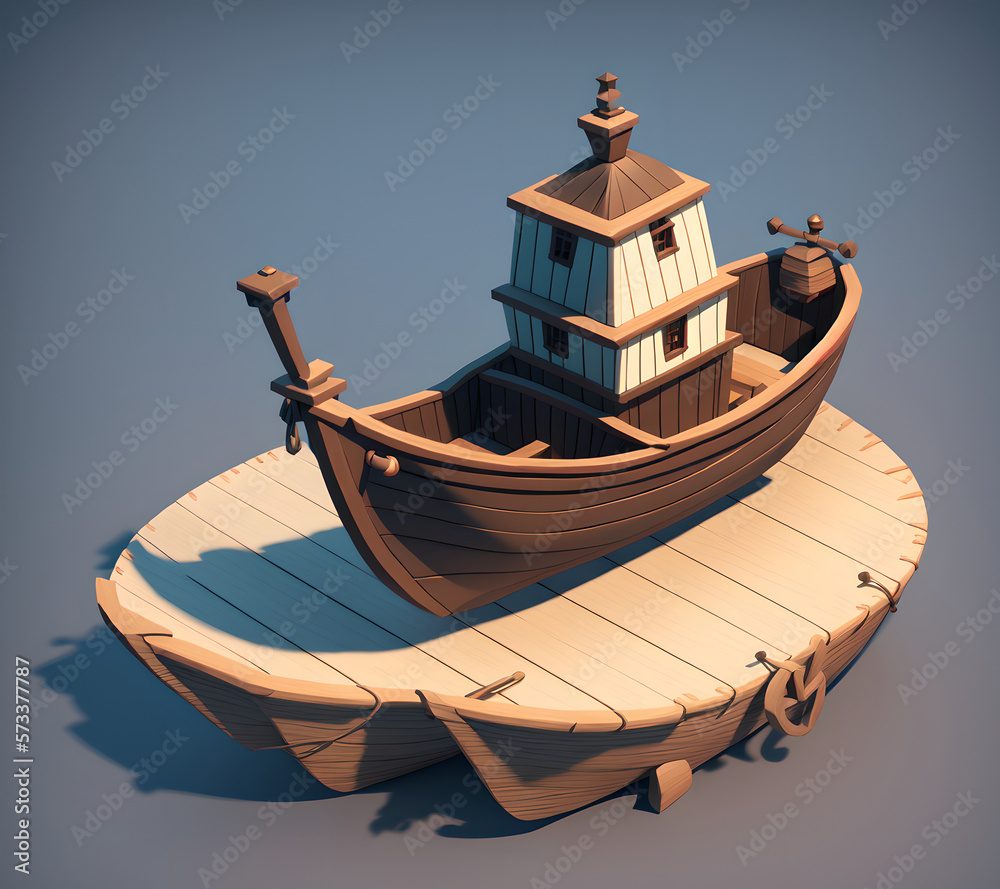 Small wooden fisherboat, 3d isometric reference model, AI generated ...