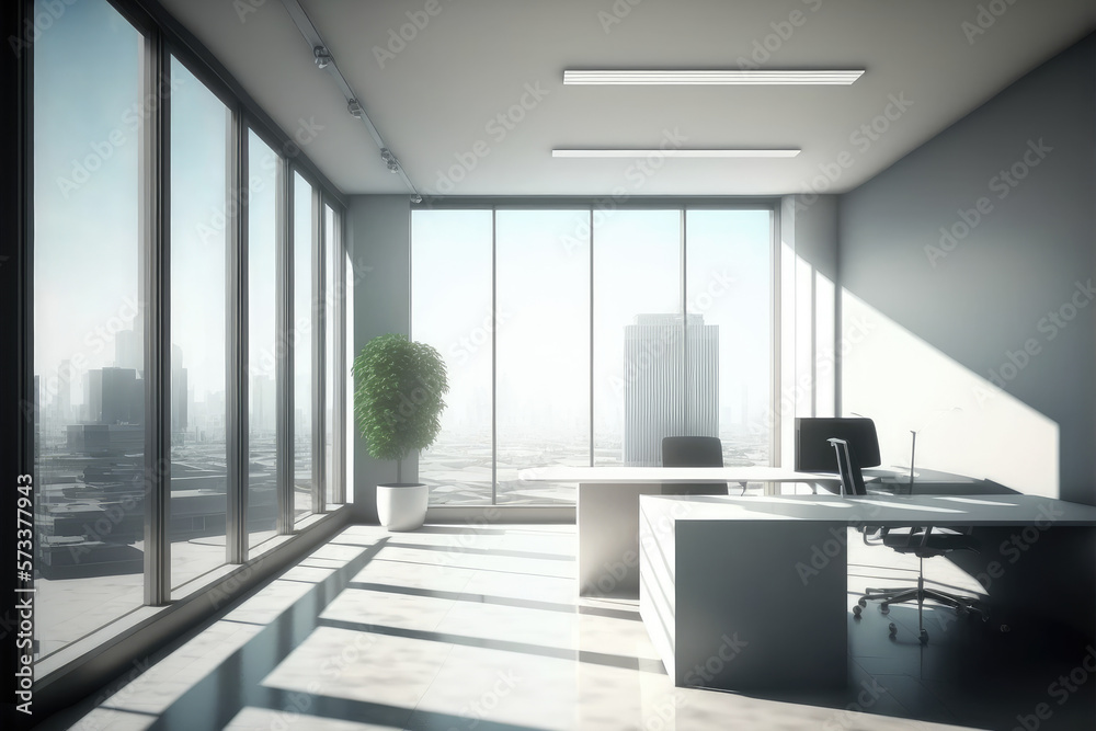 Empty modern office background in city center . Workspace interior ...