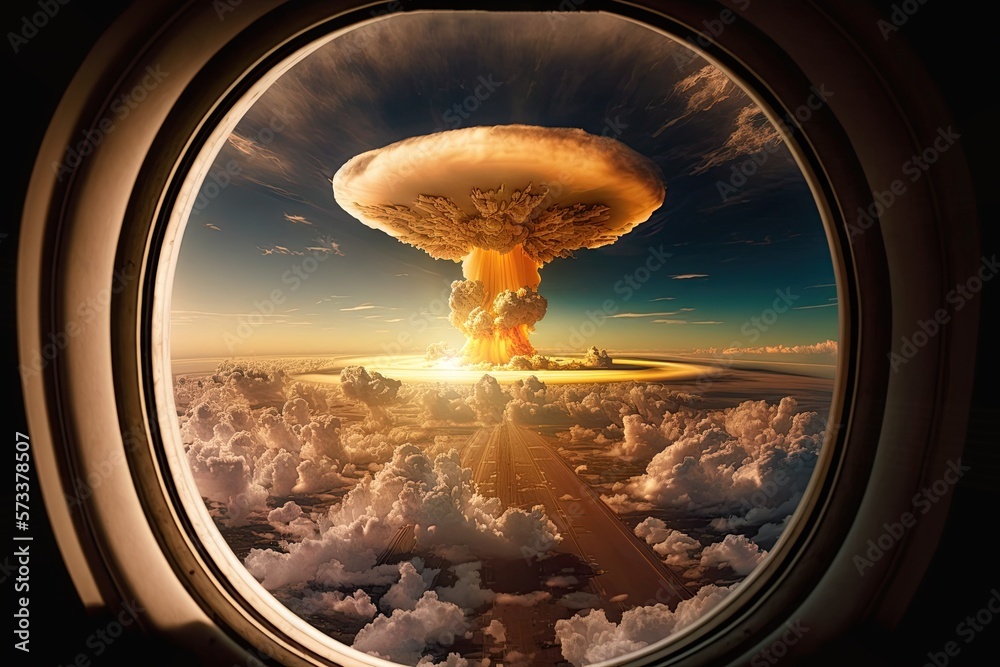 aerial view of a nuclear explosion seen from a porthole of an airplane ...