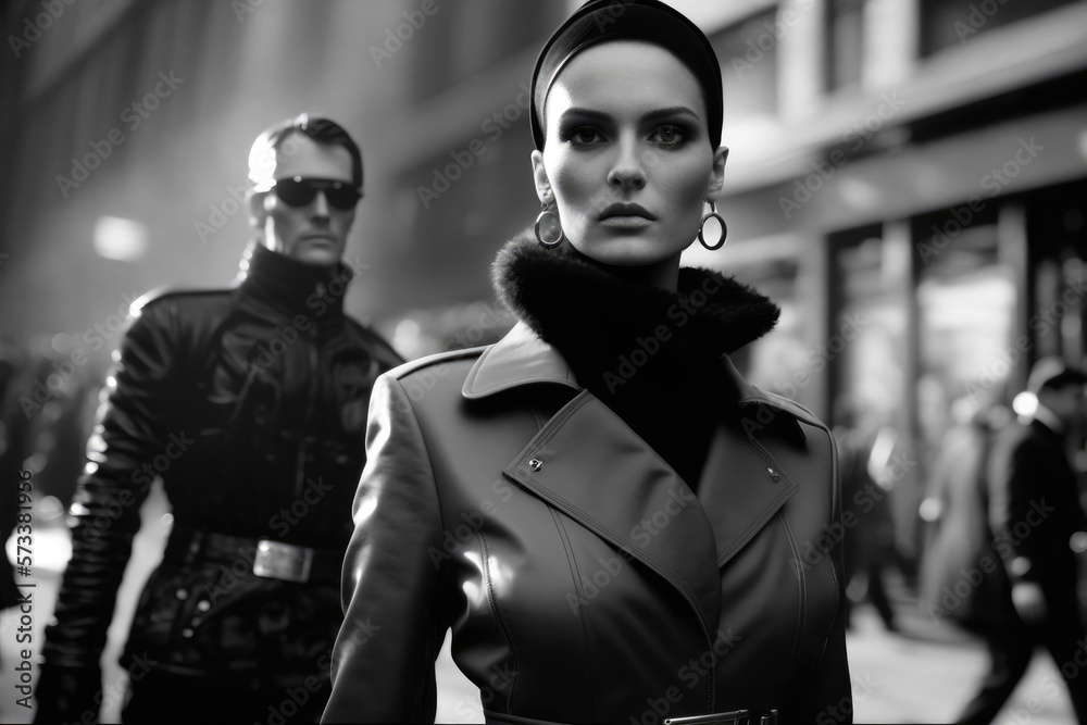 Futuristic Black and white image of a stylish young woman wearing a ...